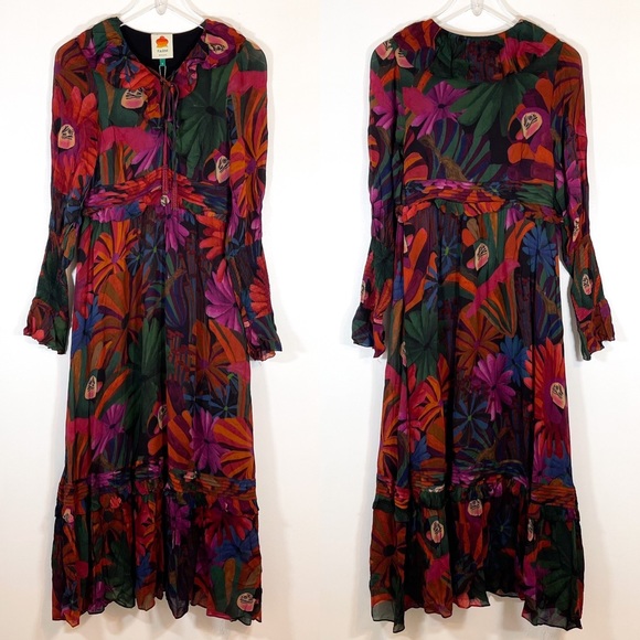 FARM Rio | Dresses | Nwt Farm Rio Bird Flowers Tiered Maxi Dress Jungle ...